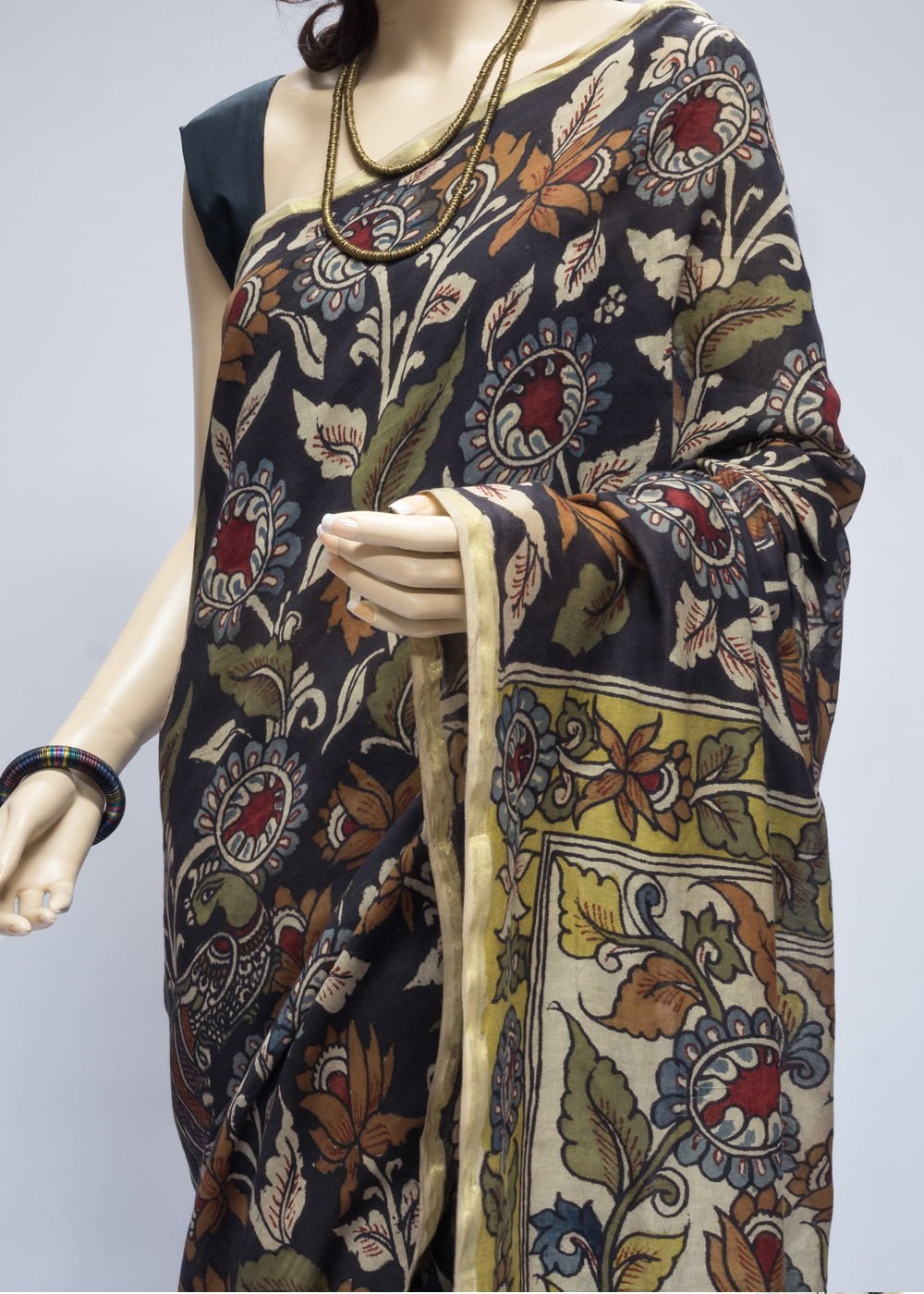 Black Cotton Chanderi Saree | Kalamkari Design Studio