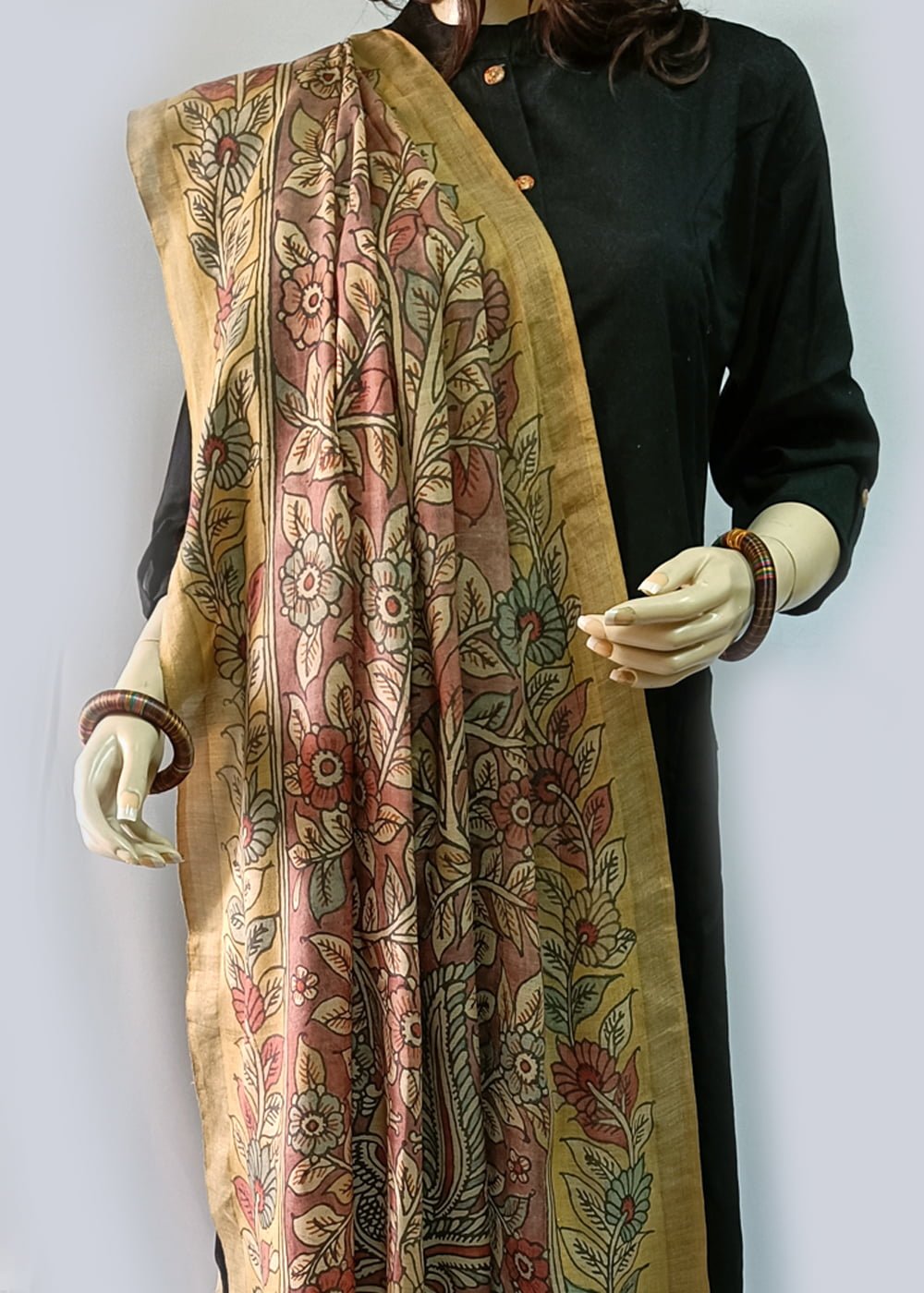 Kalamkari Handpainted Tussore Silk Dupatta | Kalamkari Design Studio